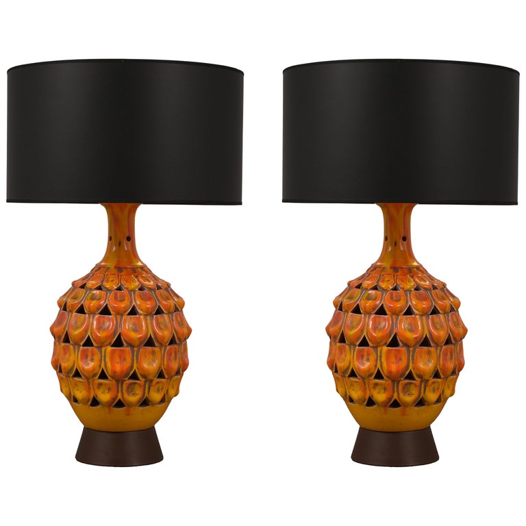 Pair of Mid-Century Modern Walnut and Ceramic Lamps For Sale at 1stdibs