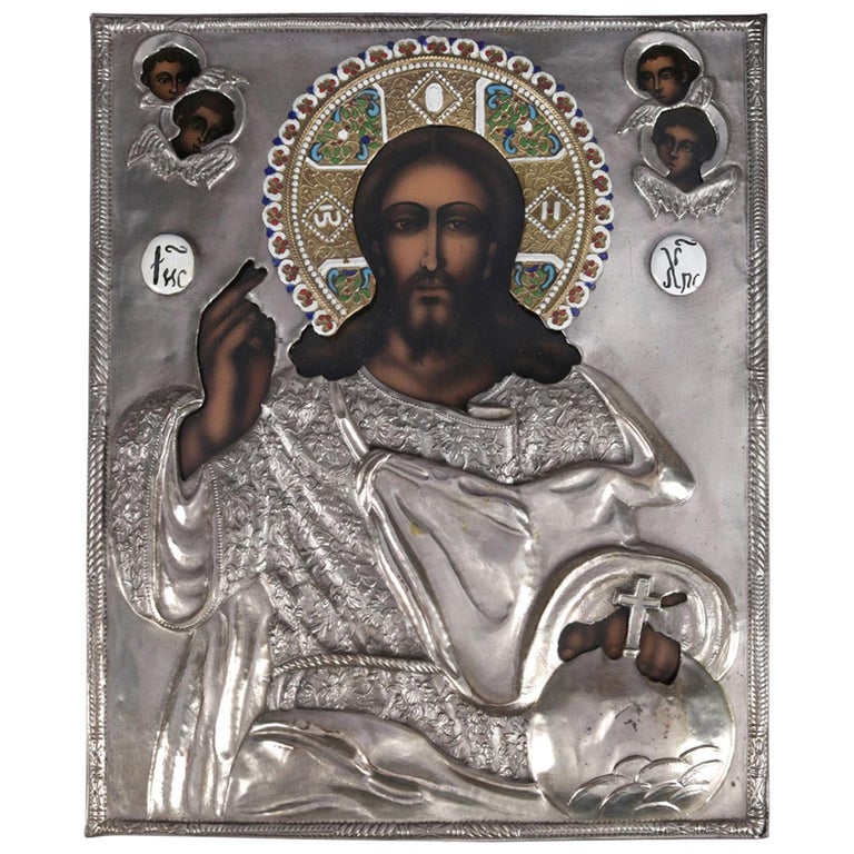 19th Century Hand-Painted Wooden Russian Orthodox Icon with Gilt Bronze ...