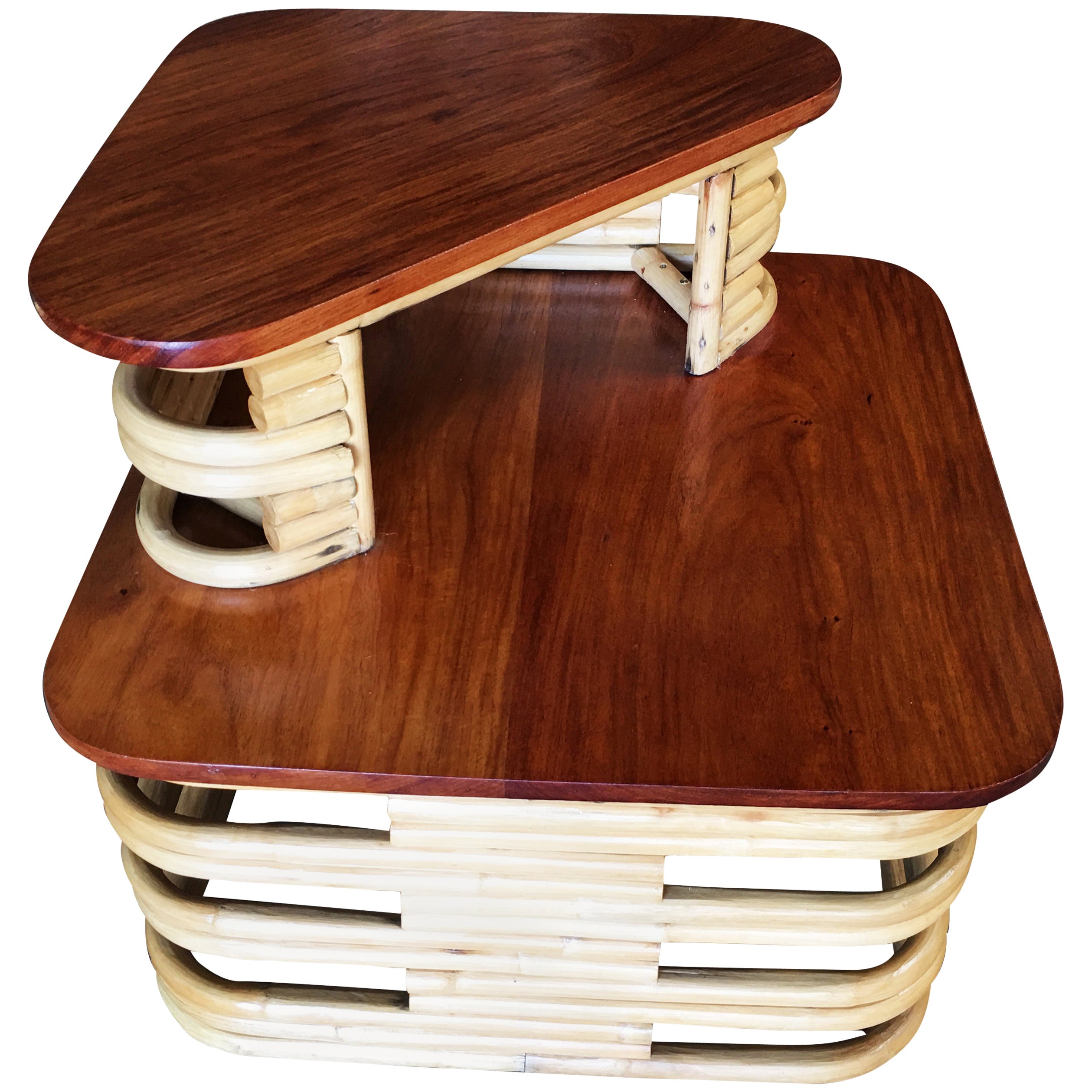 Restored Corner Side Table Two-Tier Pole Rattan with Mahogany Top and ...