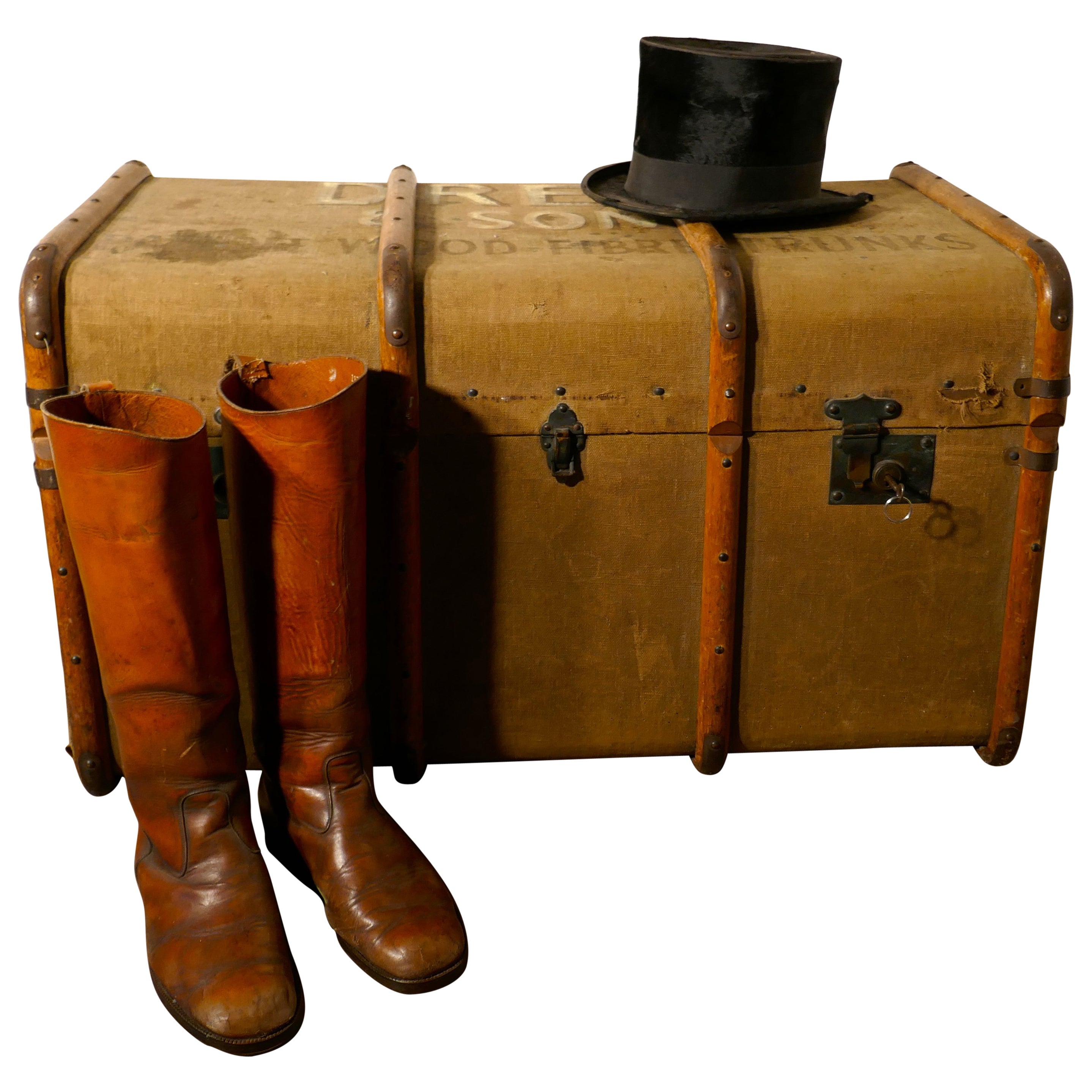 Vintage Brass and Bound Canvas Travel Steamer Trunk For Sale at 1stDibs