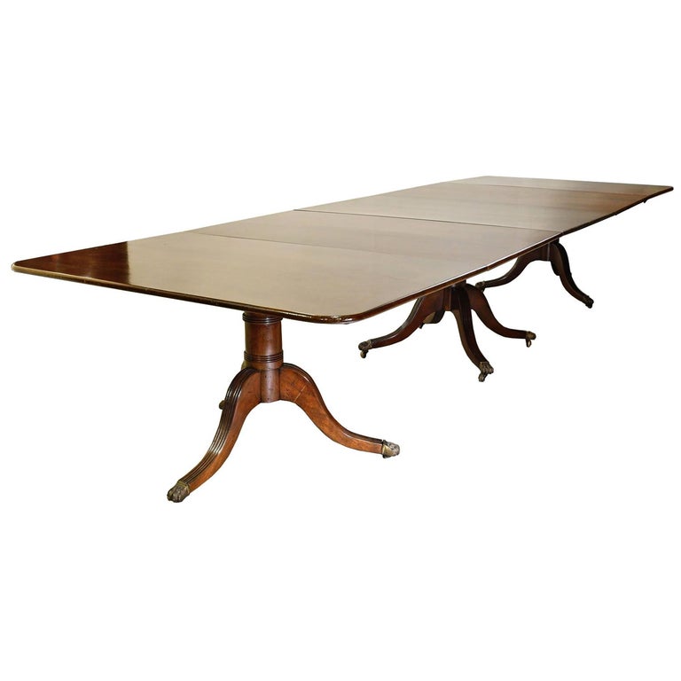13' English Sheraton Dining Table in Mahogany, 3 Pedestals, 2 Leaves ...