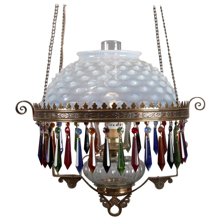 Victorian Opalescent Hobnail Glass and Bronze Electrified Gas Hanging ...
