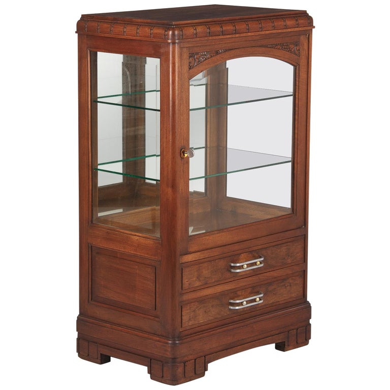 1930s Art Deco English Walnut Round Display Cabinet For Sale at 1stdibs