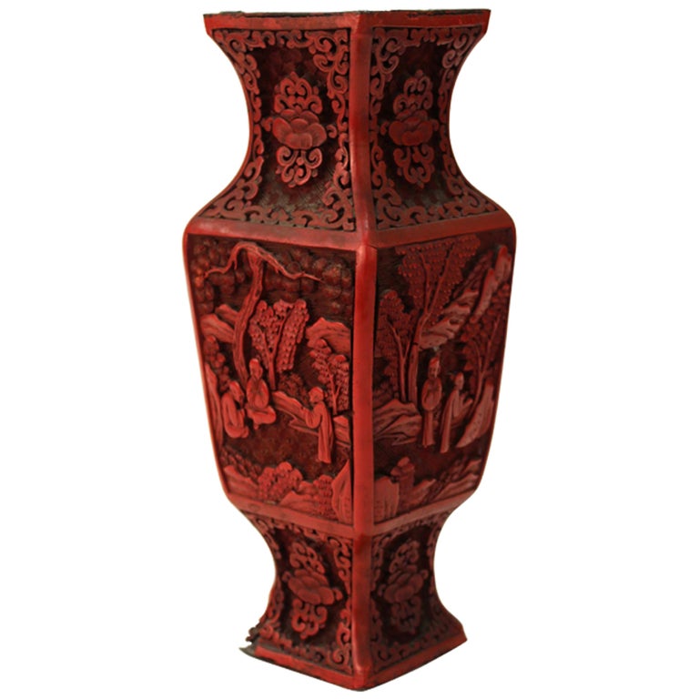 Pair of Huge Chinese Hand-Carved Wood Cinnabar Dragon and Bird Vases ...