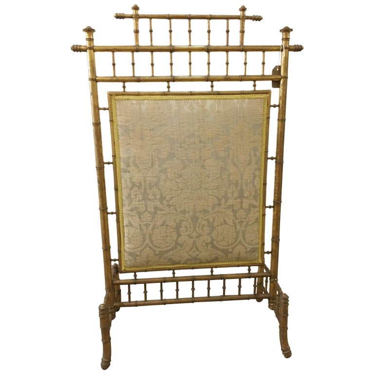Victorian Aesthetic Movement Gold Giltwood Faux Bamboo Fire Screen Silk ...