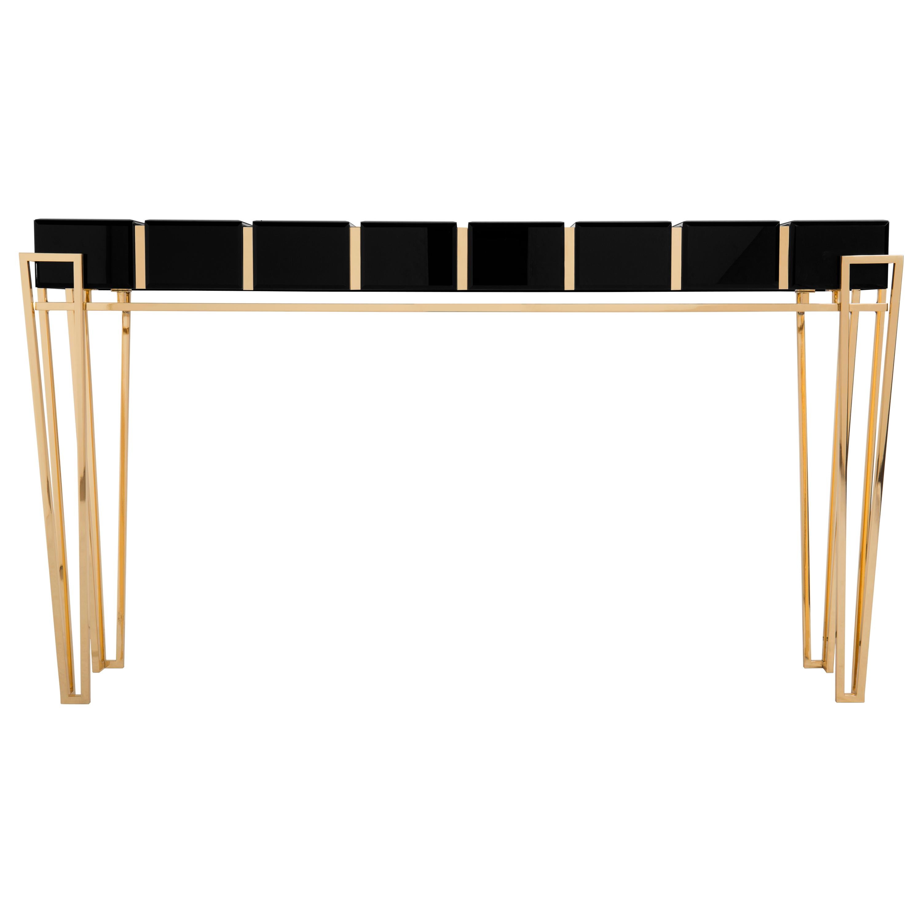 Nubian Console Table with Brass, Black Glass Top and Walnut Root Venner ...