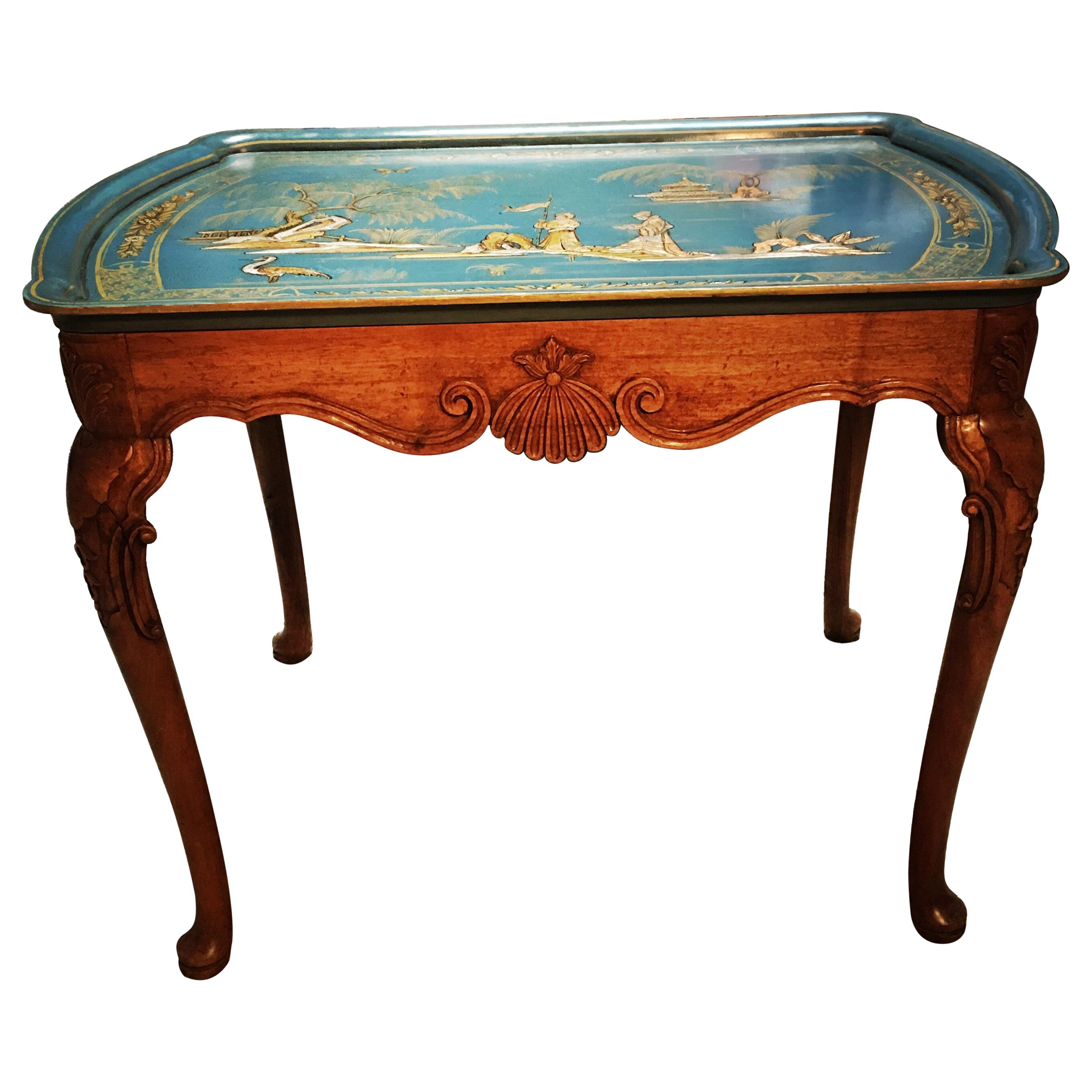 English Queen Anne Style Tea Table with Chinoiserie Tray Top at 1stDibs