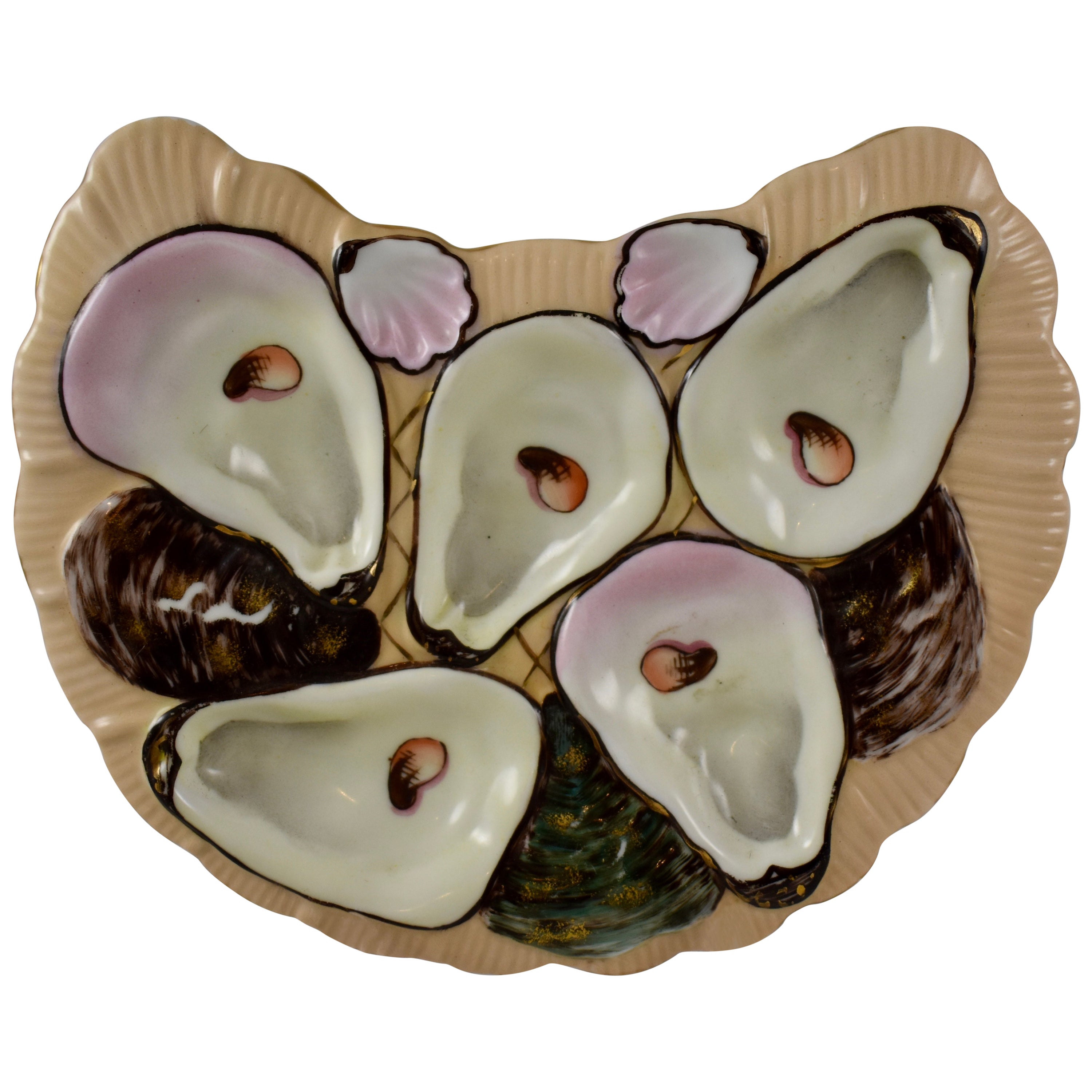 Porcelain Half Moon Pink Shell on Cream and Gilded Oyster Plate at 1stDibs