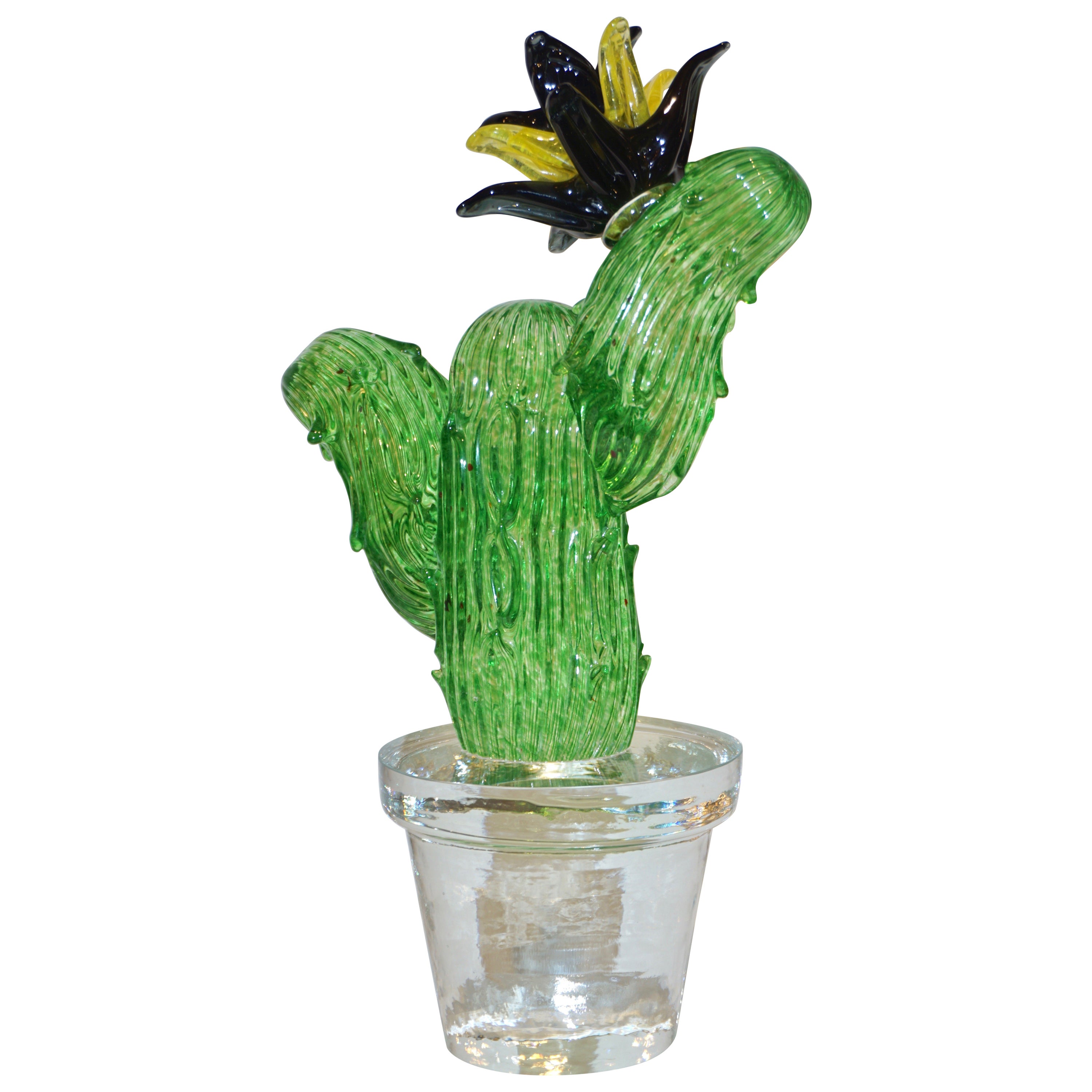 1990s Vintage Italian Green Murano Glass Small Cactus Plant with Blue ...