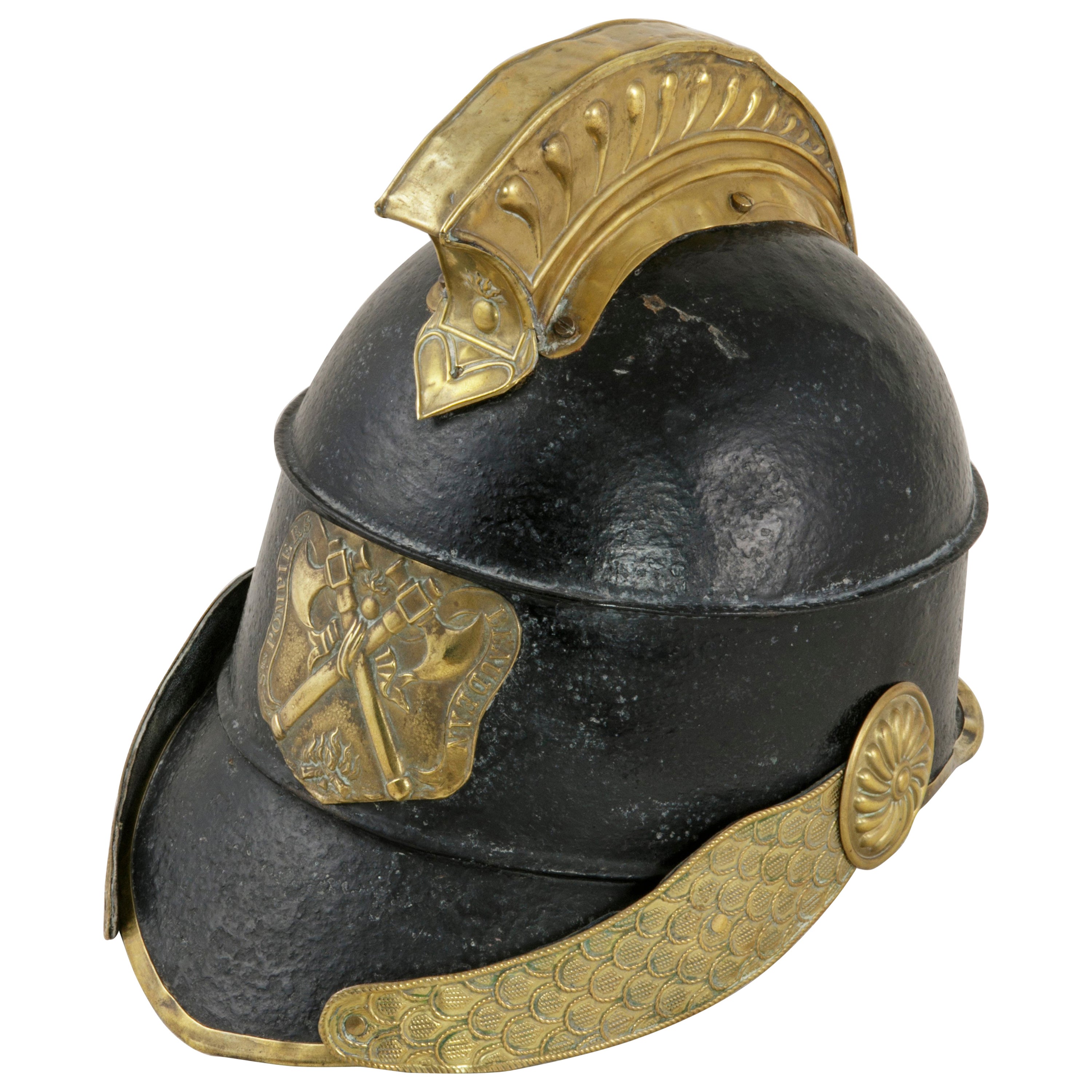 Late 19th Century French Crested Brass Fireman's Helmet at 1stDibs