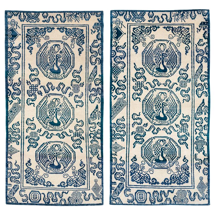 Pair of Blue and White Tibetan Rugs by Carini For Sale at 1stDibs