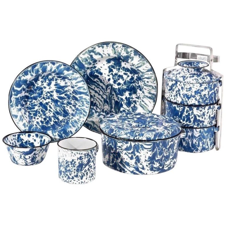 Collection of Early Vintage Blue and White Enamelware For Sale at 1stDibs