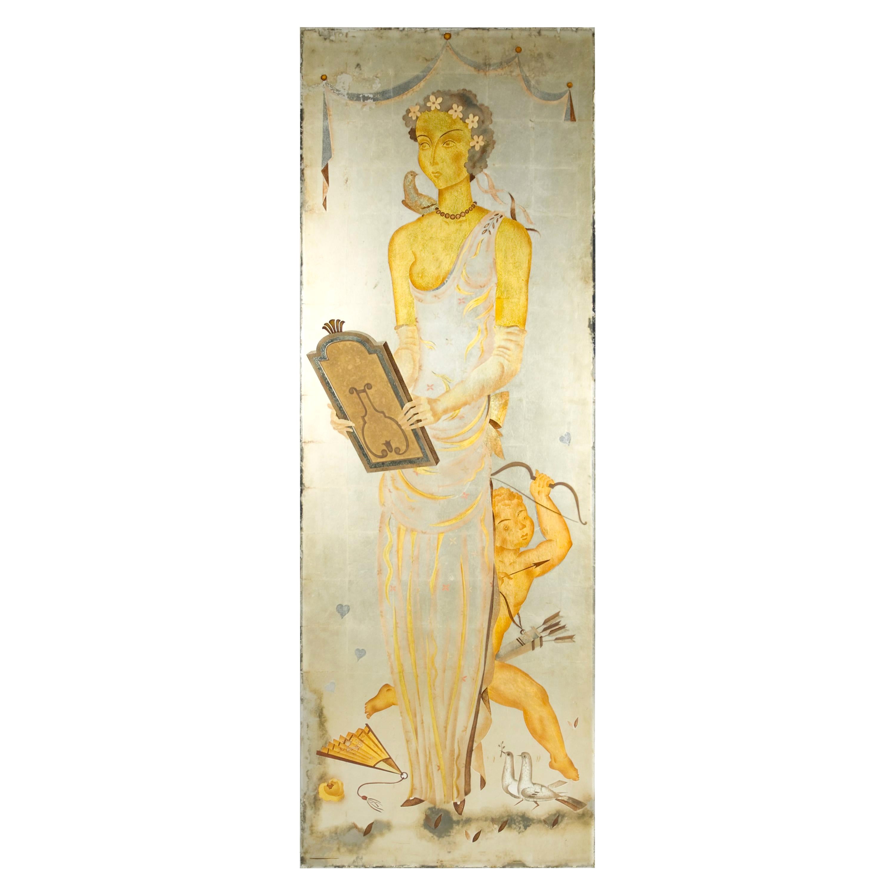 Painted and Mirrored Venus and Eros Deco Panel in the Style of Pierre ...