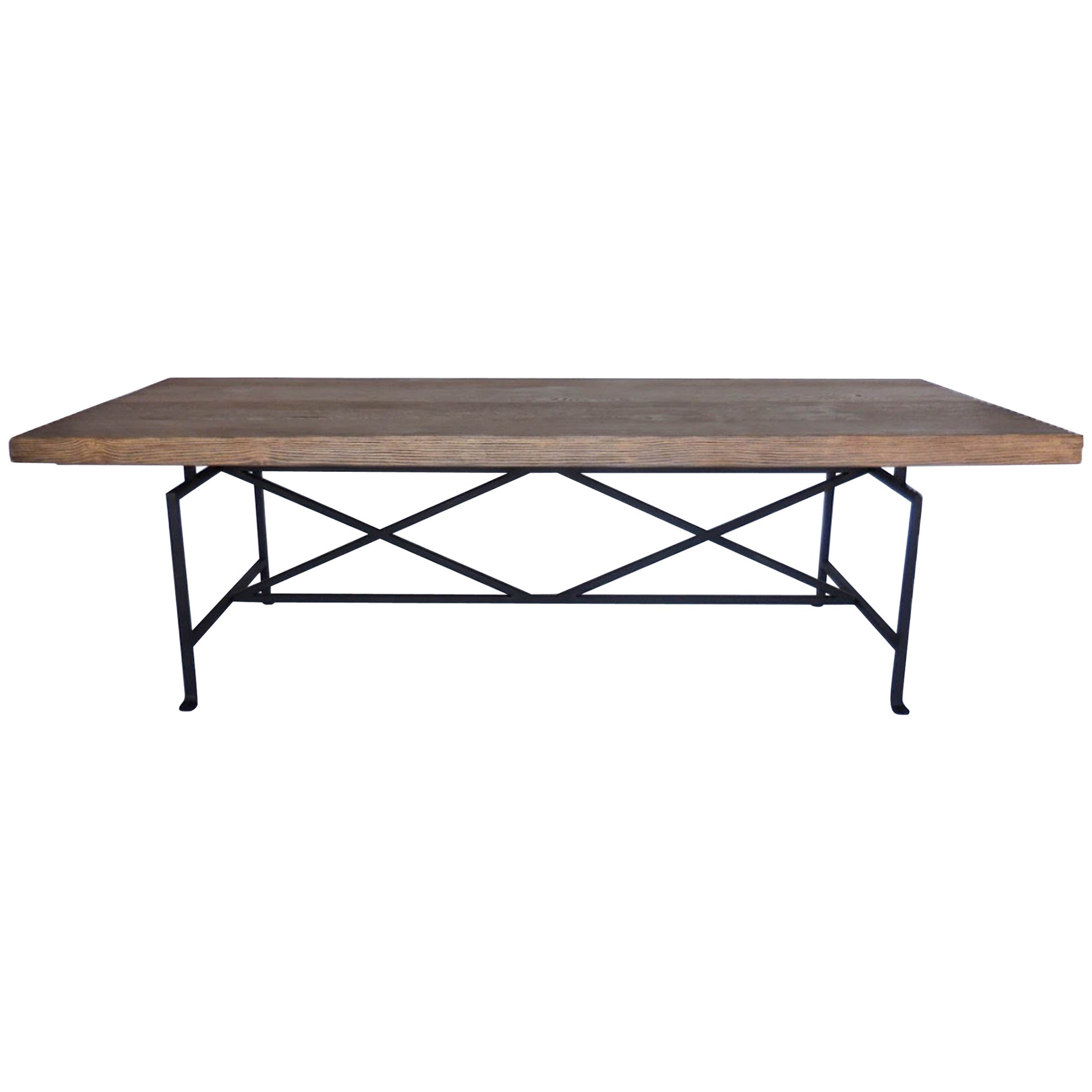 Round Rustic Wood Dining Table on Iron Base at 1stDibs