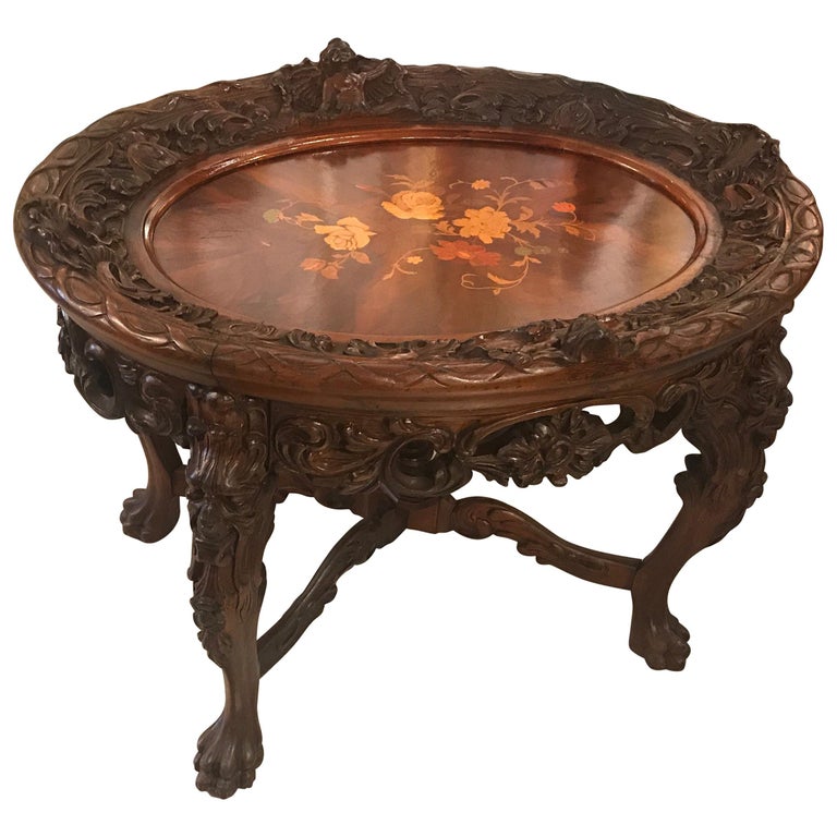 Antique Hand Carved Walnut Cocktail Table with Inlay at 1stDibs