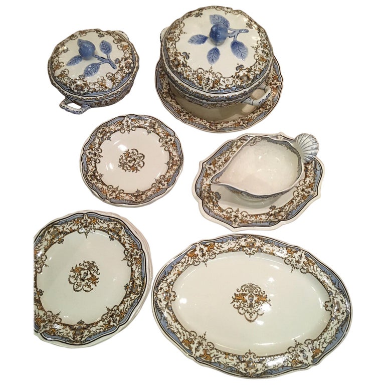French Gien Faience Dinner Table Service, France, circa 1940 Blue Apple ...