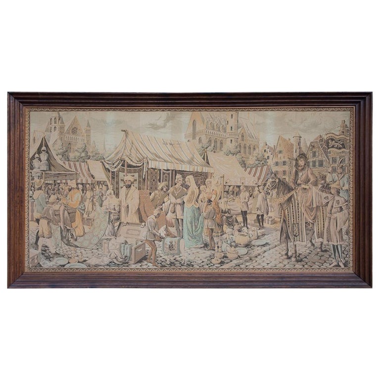 Large Tapestry Featuring a Medieval Market Scene in Wood Frame For Sale ...