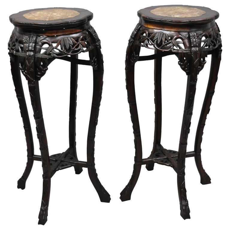 Pair of Carved Rosewood Marble-Top Oriental Pedestal Plant Stand Tables ...