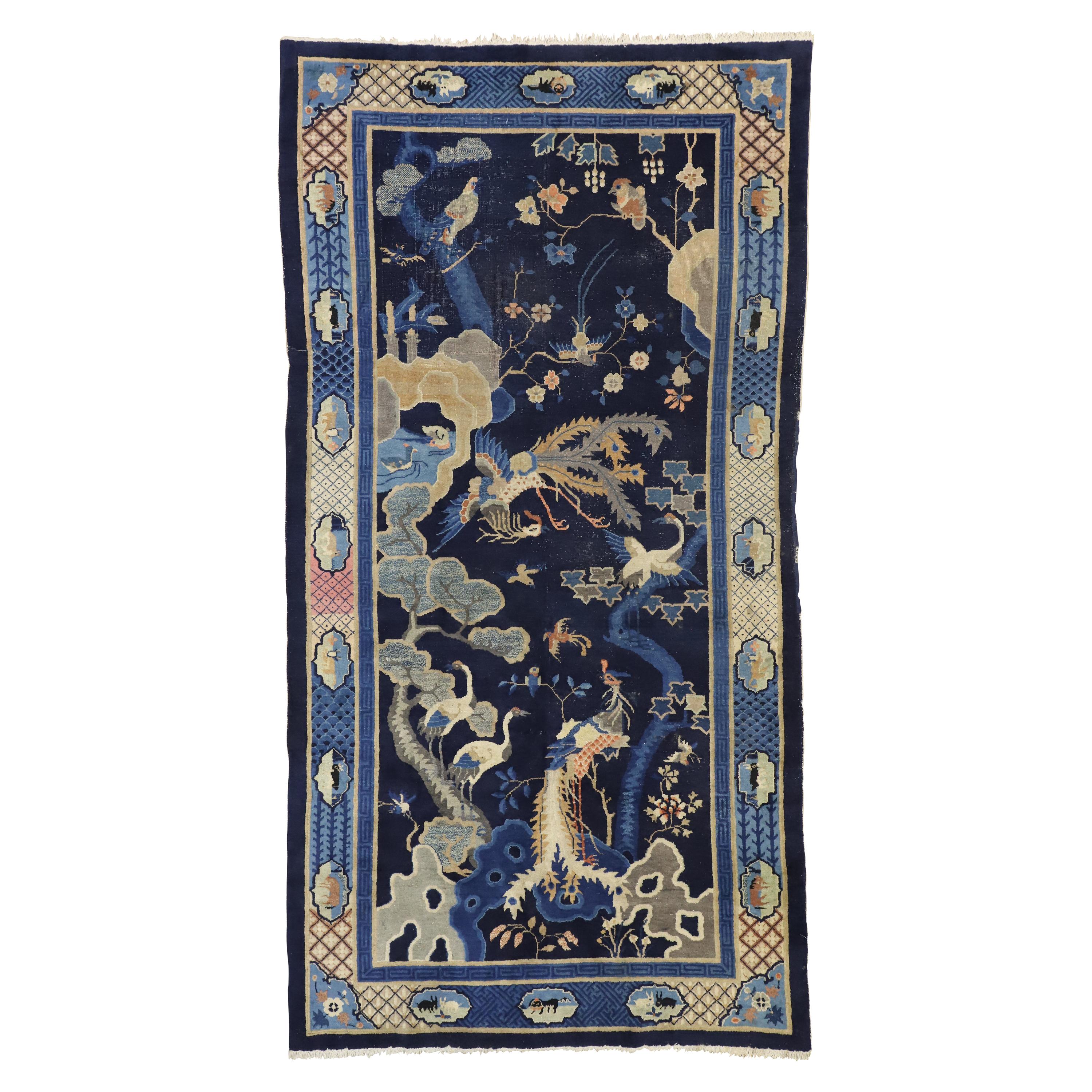 Antique Chinese Art Deco Rug with Pictorial Design For Sale at 1stDibs
