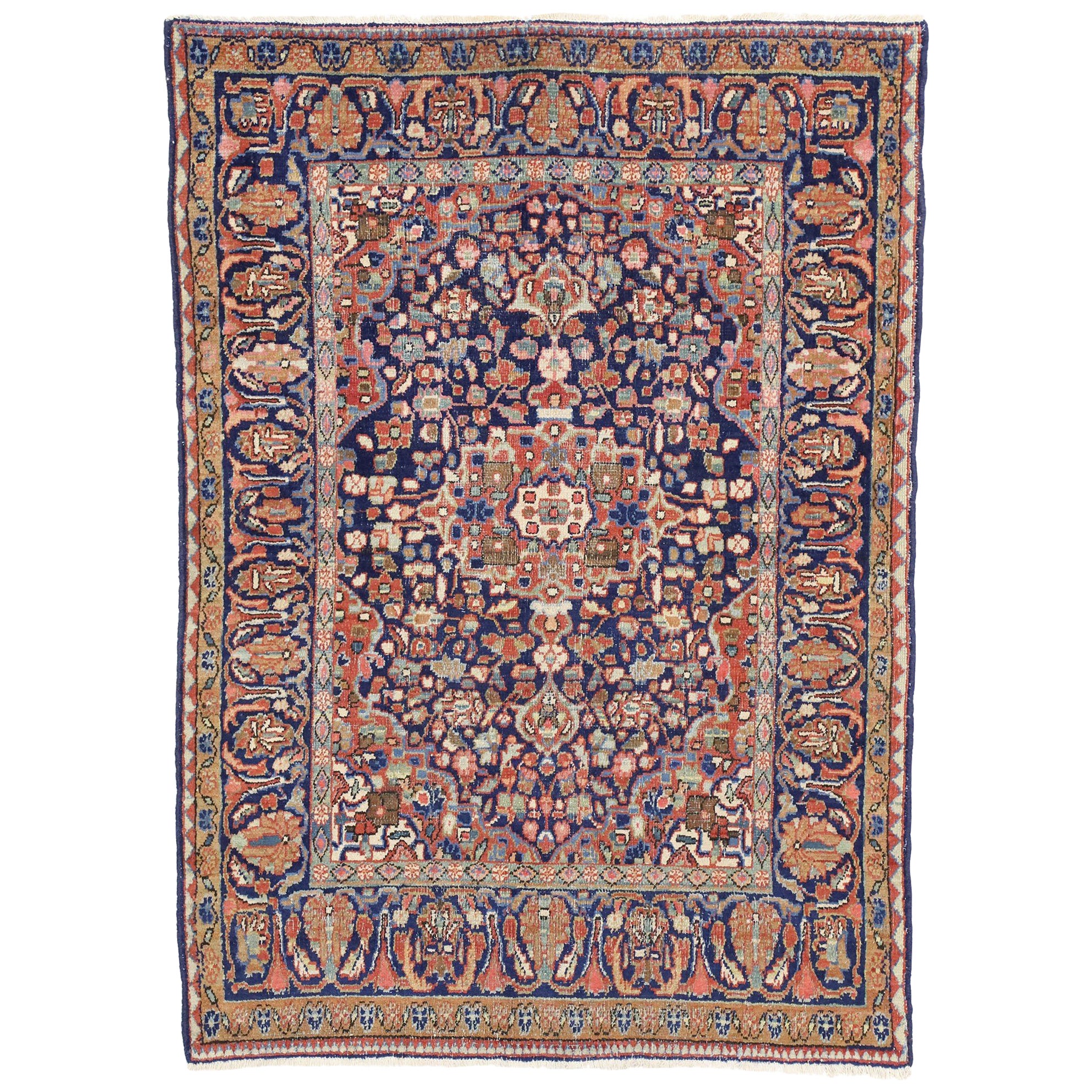 Distressed Vintage Blue Persian Overdyed Rug with Luxe Mediterranean ...