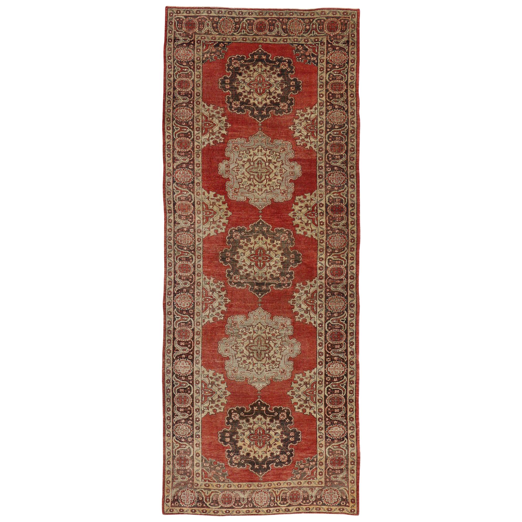 Vintage Turkish Oushak Runner with Jacobean Style, Extra-Long Hallway ...