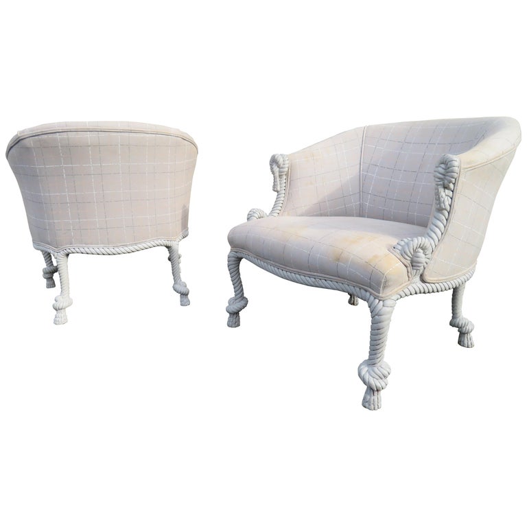Lovely Pair Italian Carved Wood Rope Tassel Chairs Hollywood Regency ...