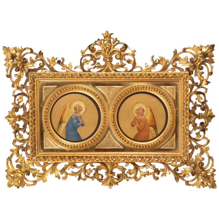 Italian Panel of Two Angels in an Ornate Giltwood Frame For Sale at 1stDibs