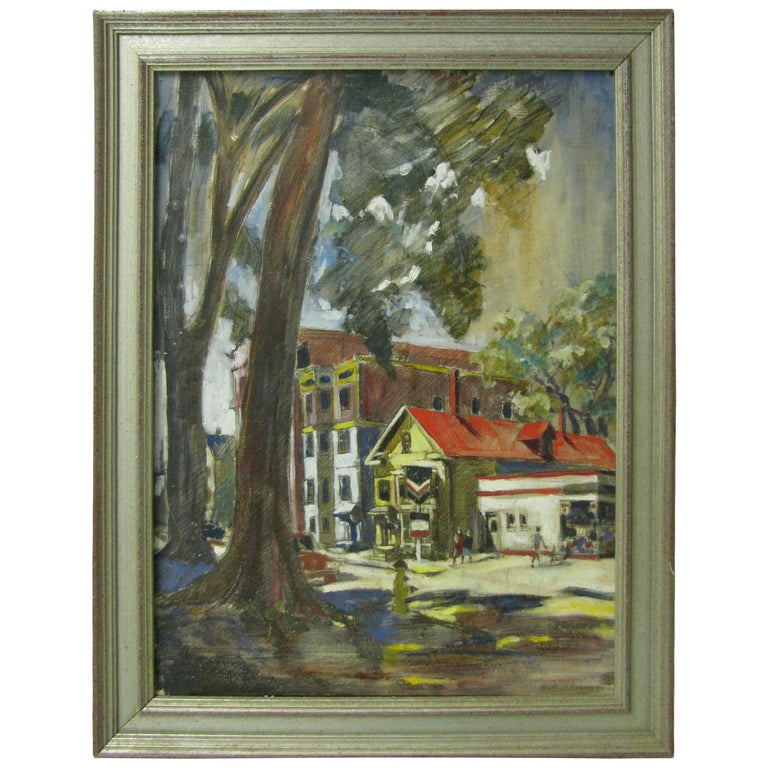 New England Cape Cod Street Scene with Gas Station, circa 1960 For Sale ...