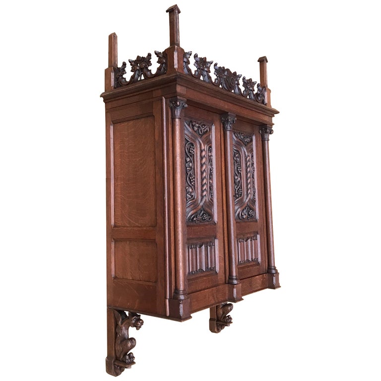 Antique Gothic Revival Hand Carved Oak Wall Cabinet with Gargoyles ...