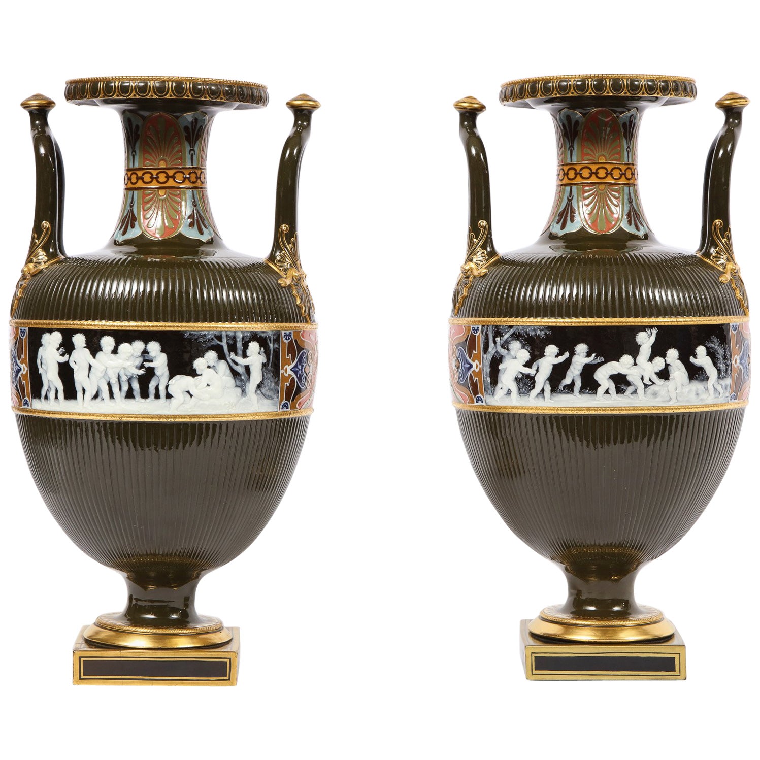 Pair Antique French Vases with Romantic Neoclassical Scenes at 1stDibs