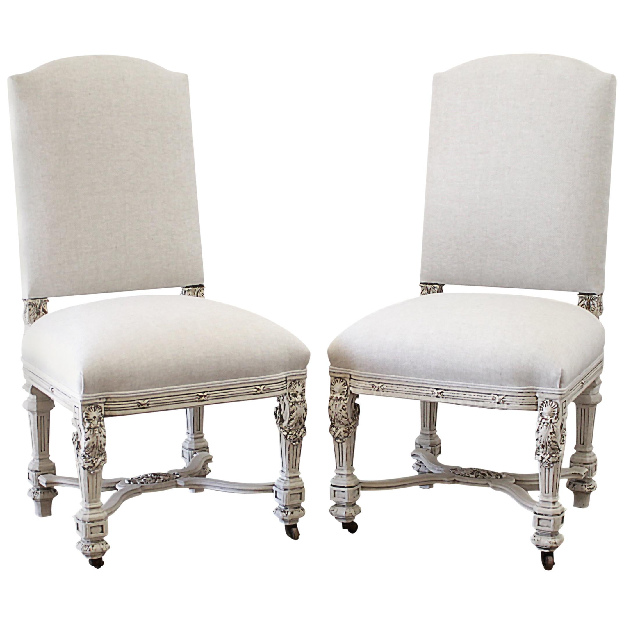 20th Century Pair of Carved Parsons Chairs in Natural Belgian Linen at ...