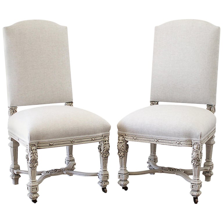 20th Century Pair of Carved Parsons Chairs in Natural Belgian Linen at ...