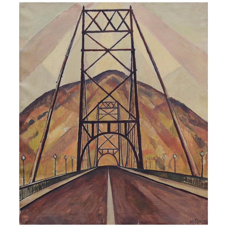Bridge and Mountain Landscape Painting by Edgar Hewitt Nye at 1stDibs