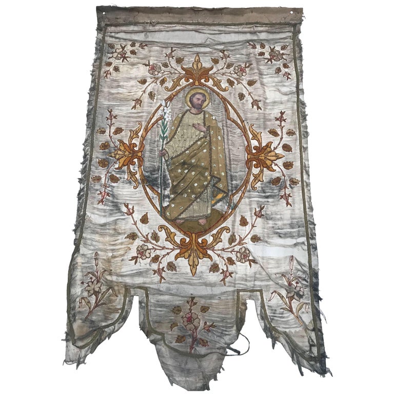 19th Century Processional Banner with Painted Portrait and Appliqued ...