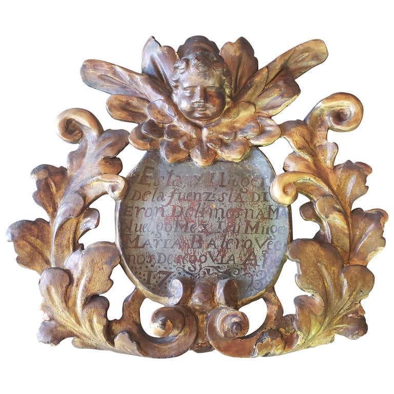 Antique Gilded Cherub Cartouche Fragment with Script at 1stDibs