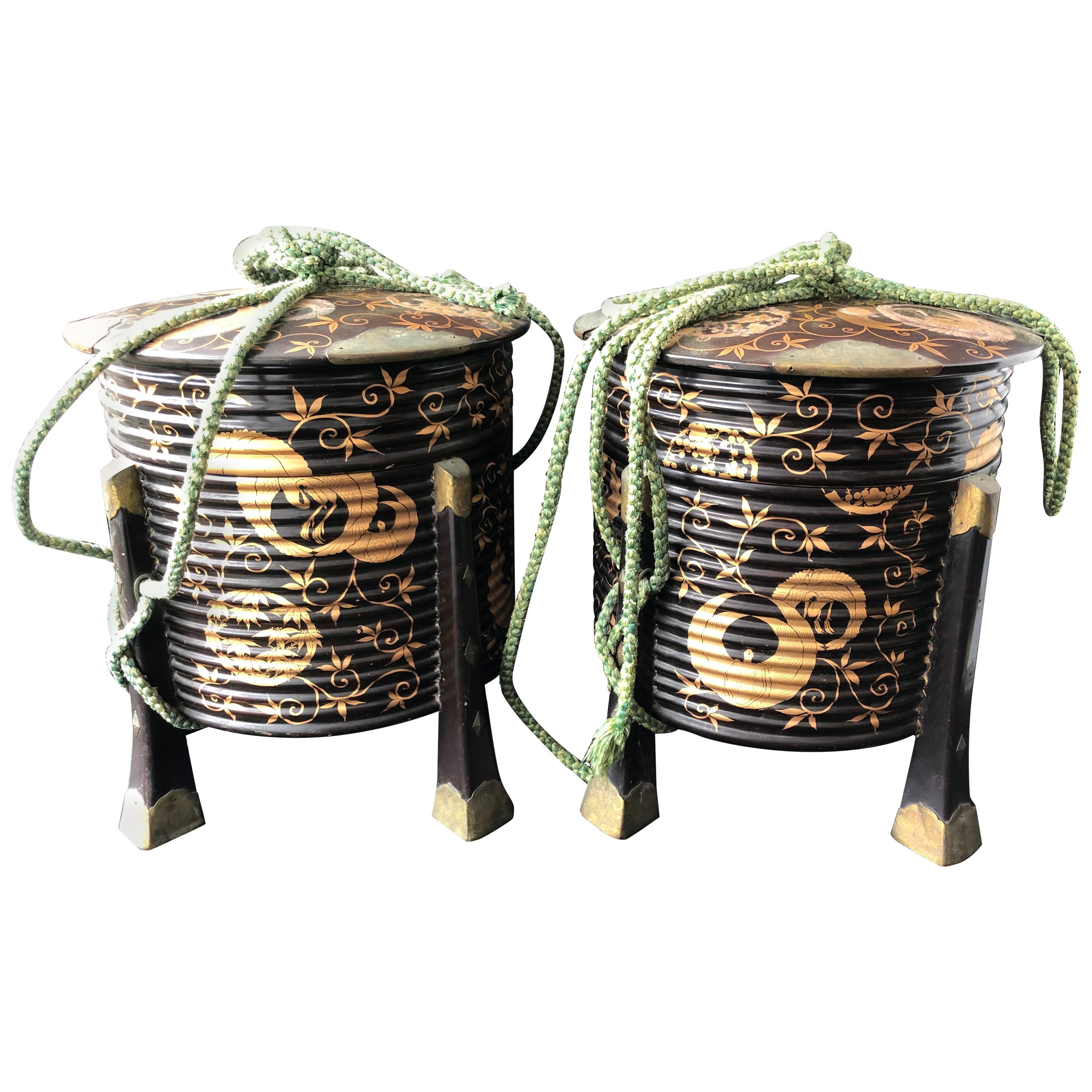 Pair of Japanese Black and Gold Lacquer Round Hokkai Picnic/ Hat Boxes ...