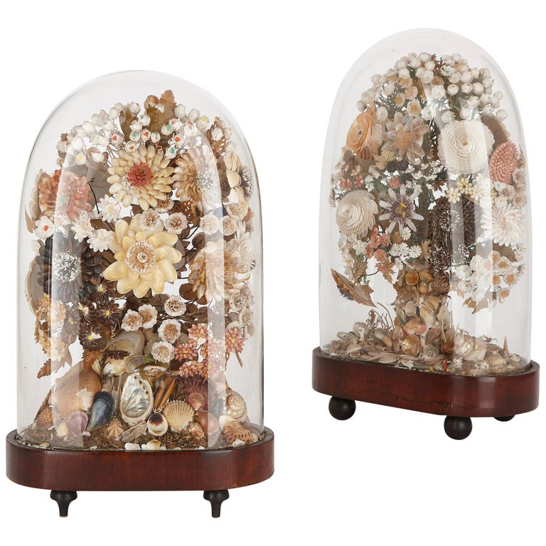 Two Victorian Shell Flower Arrangements in Glass Cases at 1stDibs