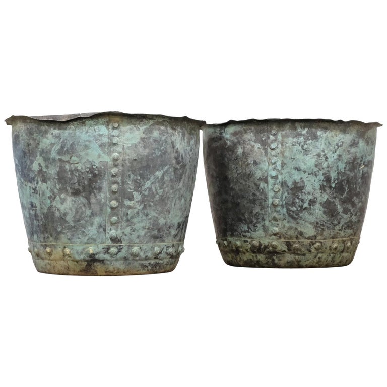 19th Century English Riveted Verdigris Patina Copper Planters or Log ...