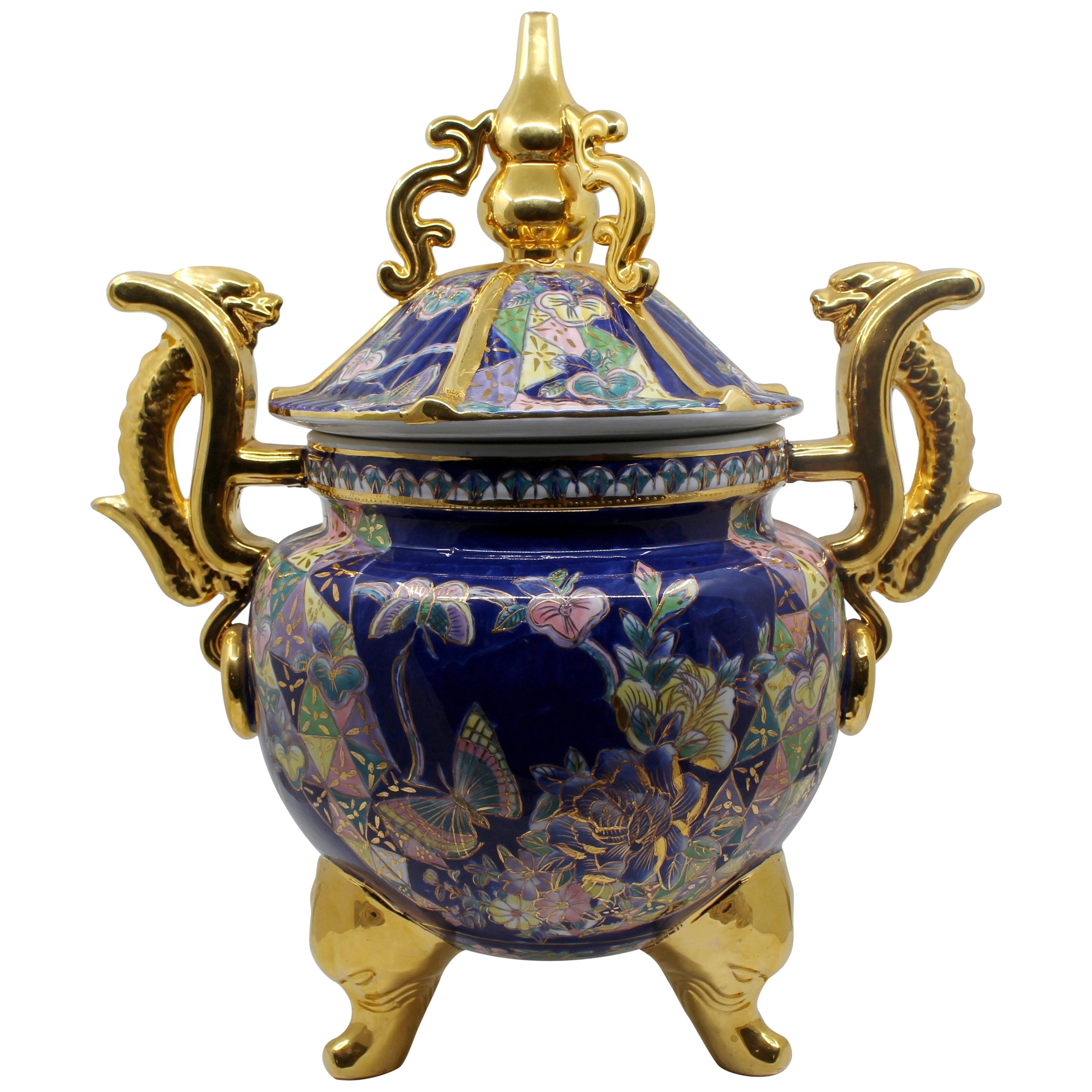 Large Oriental Decorative Two Handled Lidded Urn For Sale at 1stDibs