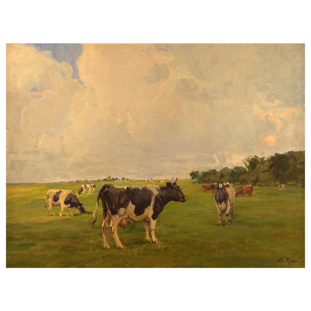 Harald Kjær, Danish Artist. Field Landscape with Grazing Cows at 1stDibs