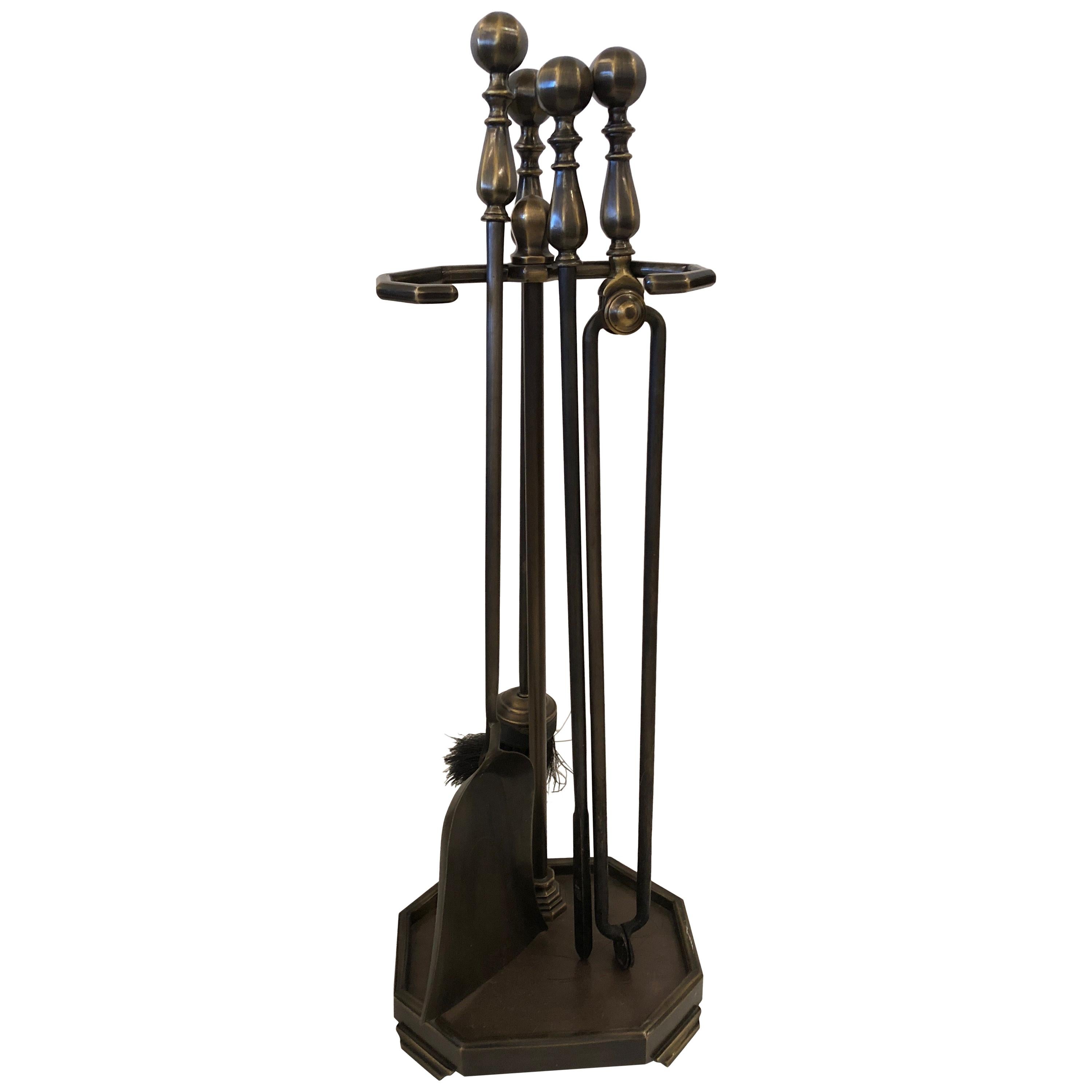 Bronze and Polished Nickel Fireplace Four Piece Tool Set at 1stDibs