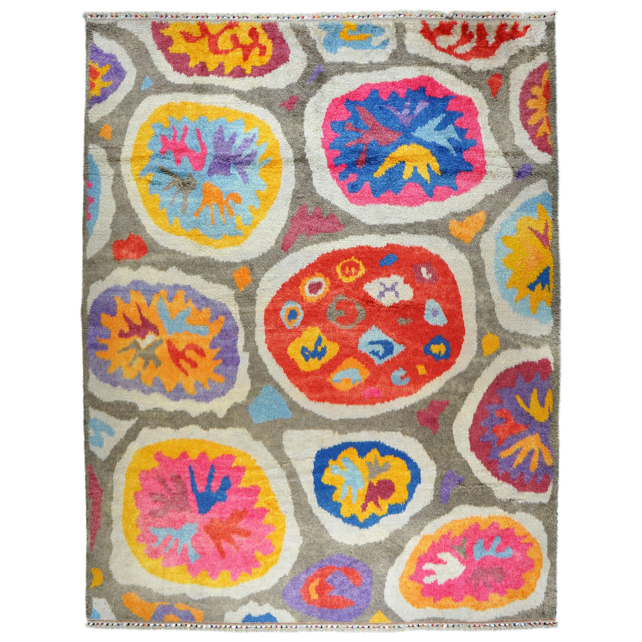 Rug Wool Hand Knotted Meram with Circle Pattern Red and Yellow at 1stDibs