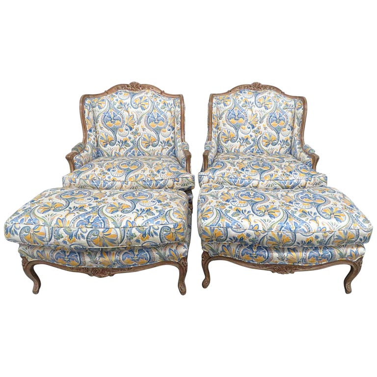 Pair of Country French Style Wingback Chairs and Ottomans For Sale at ...