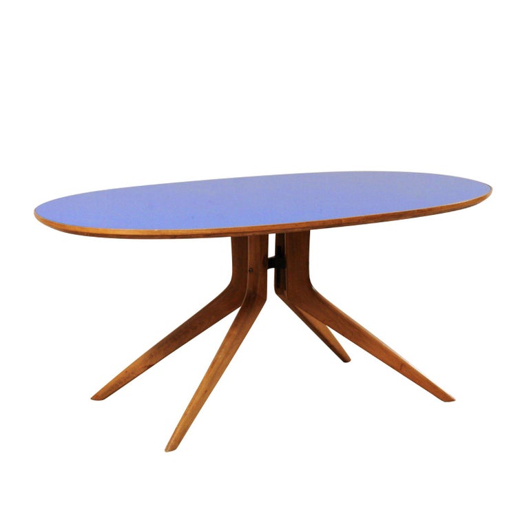 Italian Mid-Century Modern Elliptical Table with Retro Blue Top at 1stDibs