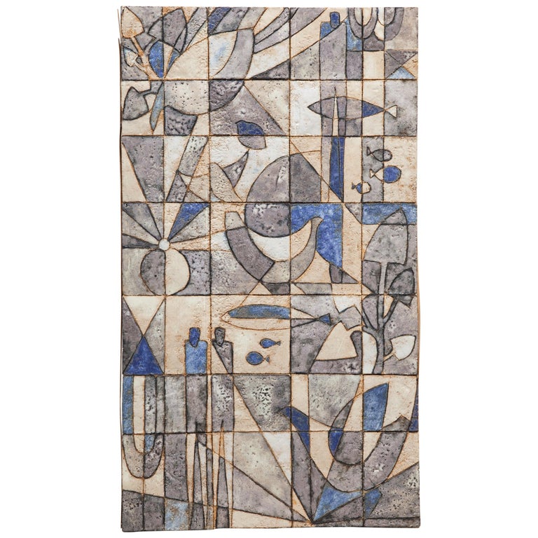 Blue Shades Glazed Ceramic Tile Panel, Belgium, 1960s at 1stDibs