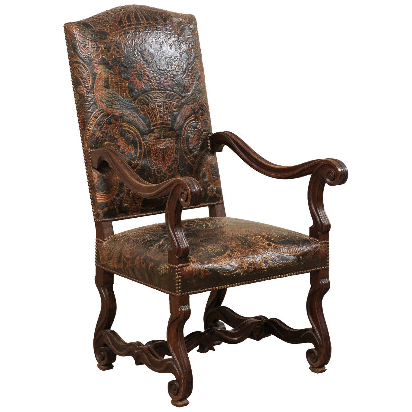 Antique Norwegian Carved Chair with Embossed Leather c1890 at 1stDibs