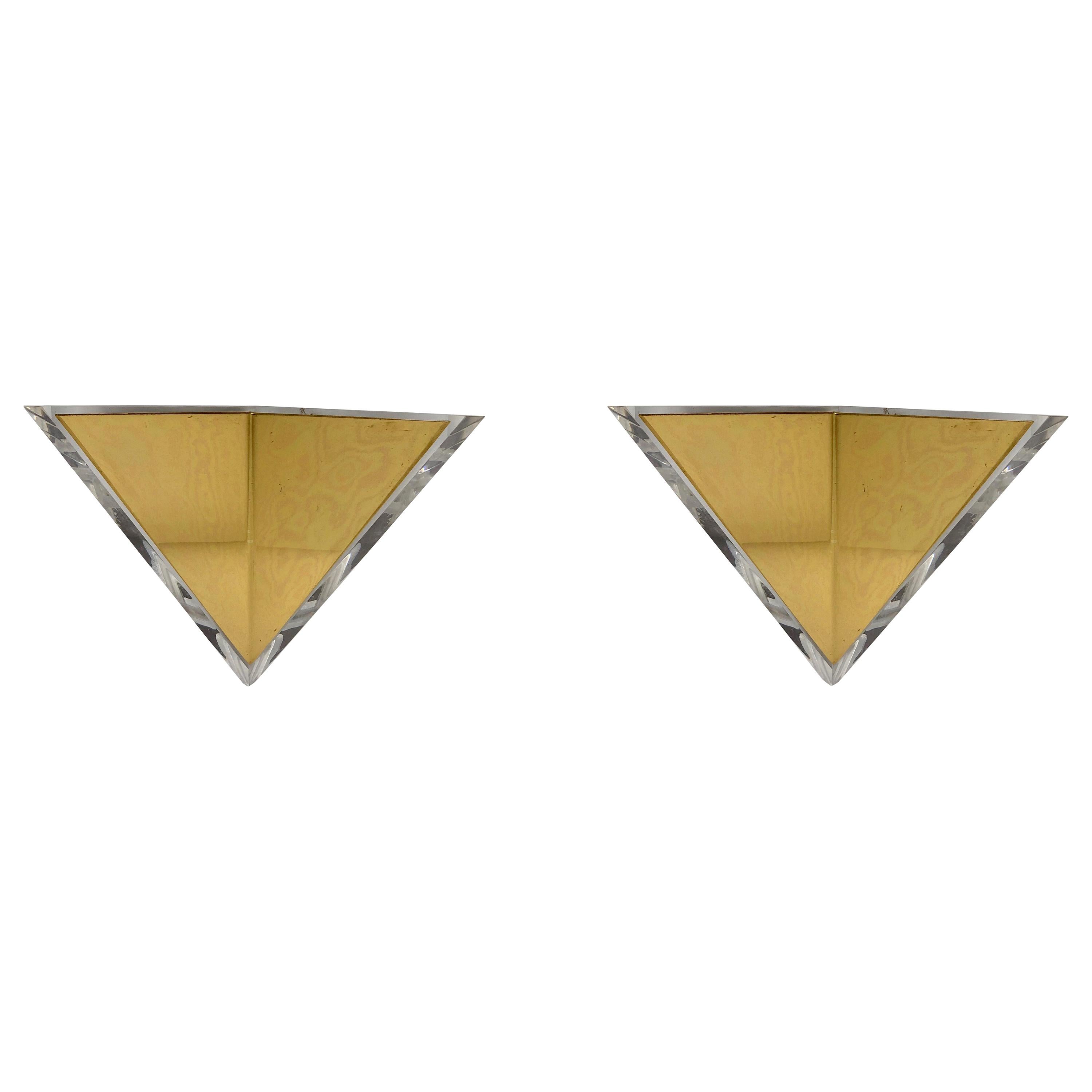 Pair of Pyramidal Corner Wall Sconces in Brass and Lucite, Italy, 1970s ...
