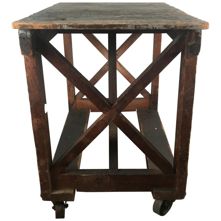 Antique Industrial Factory Work Table on Iron Castors For Sale at ...