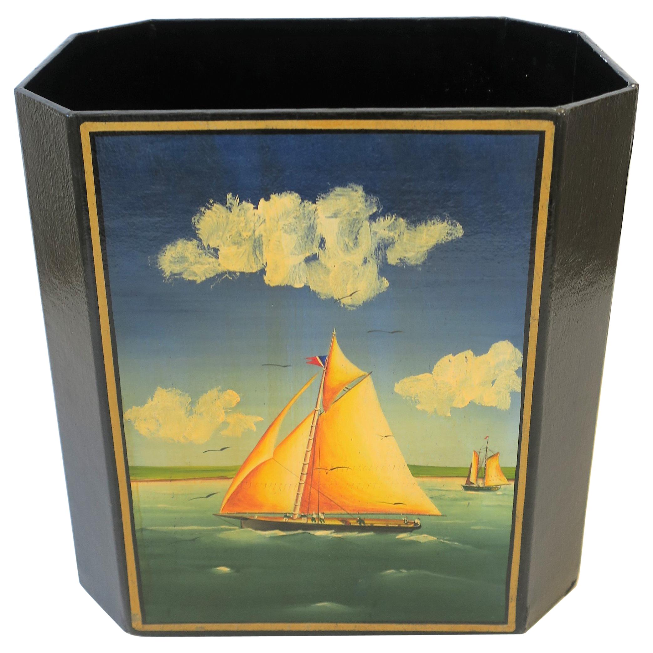Nautical Black and Gold Wastebasket or Trash Can For Sale at 1stDibs
