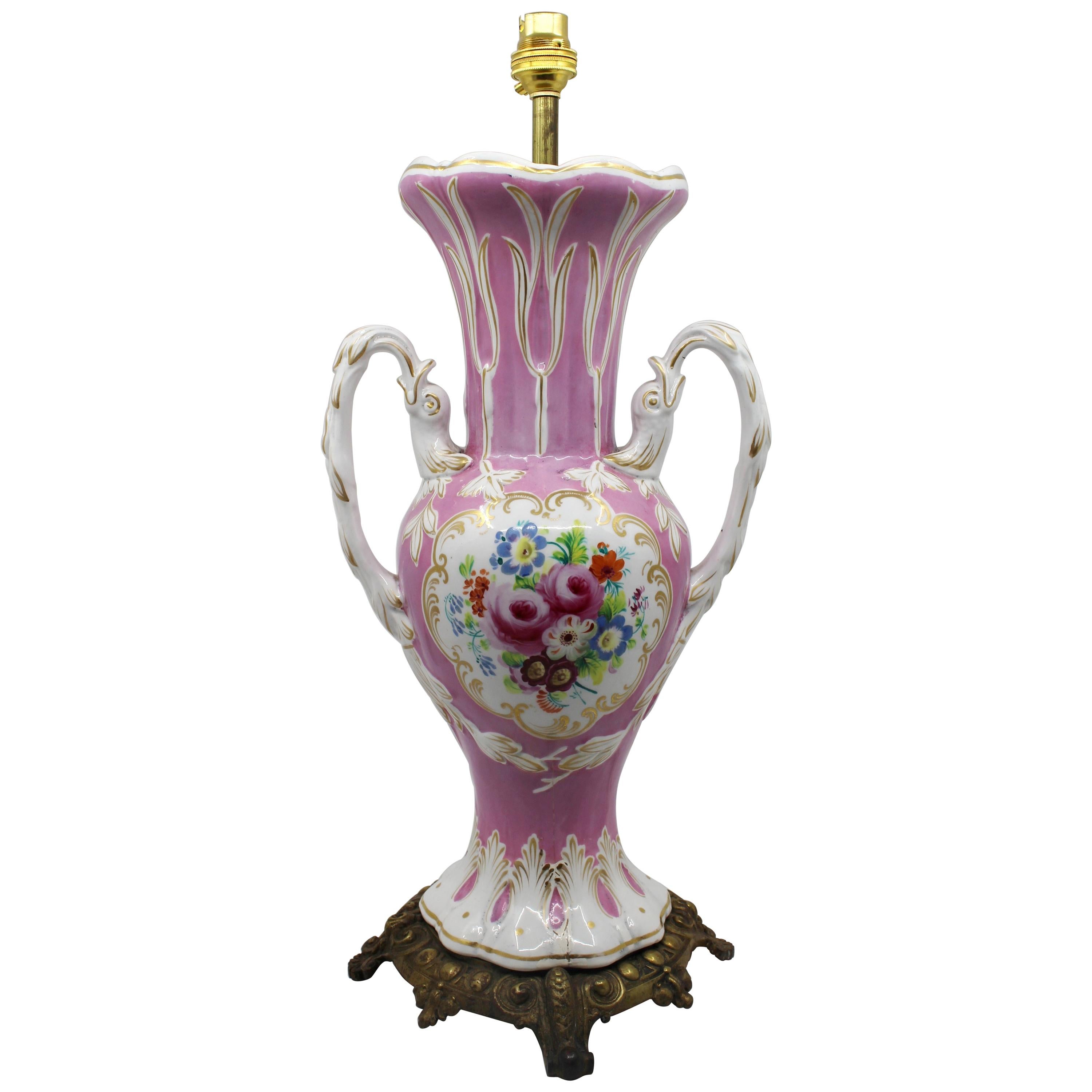 Antique Hand Painted Two Handled Porcelain Table Lamp For Sale at ...